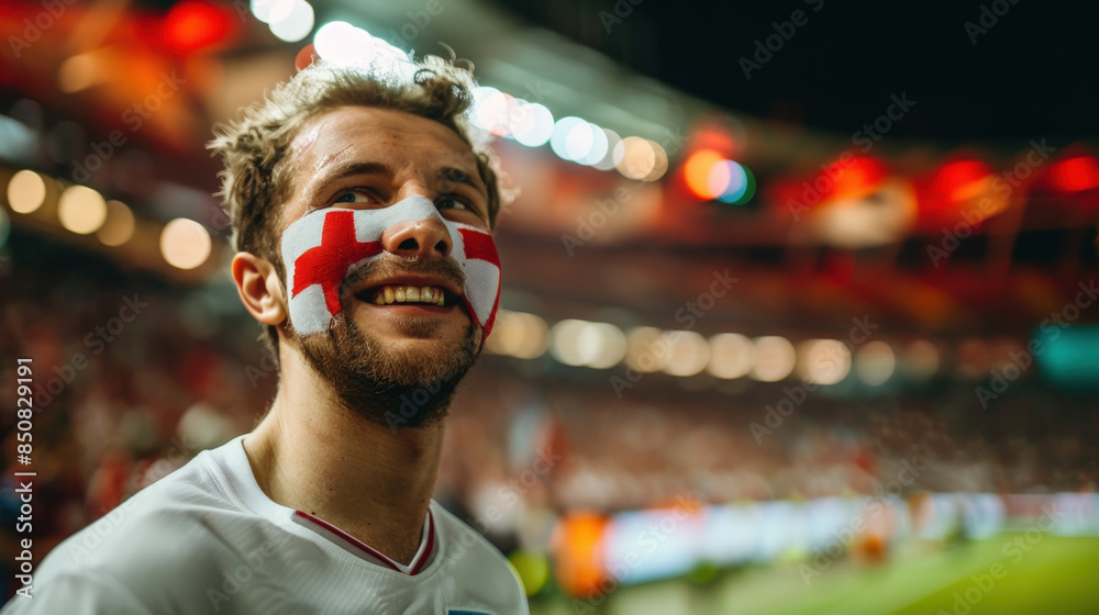 Young football fan with the england flag painted on his face is smiling ...