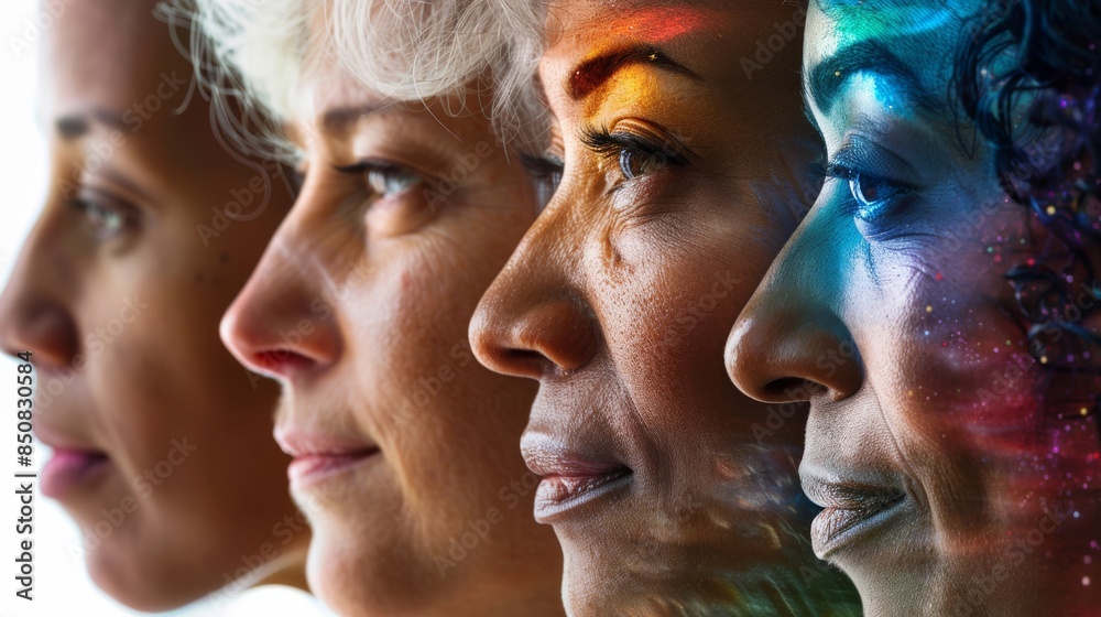 Four women with different skin tones and hair colors are shown in a row ...