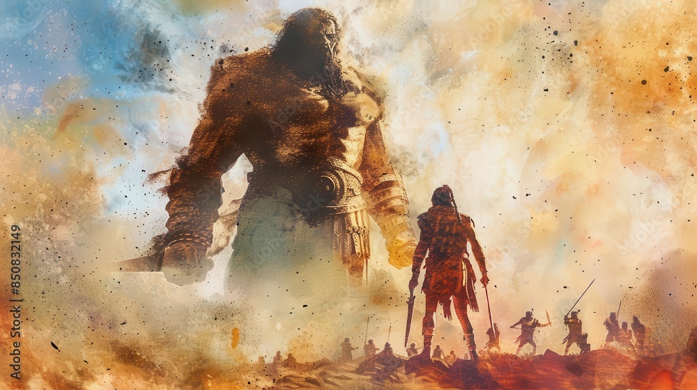 ancient warrior confronting giant in david and goliath biblical scene ...