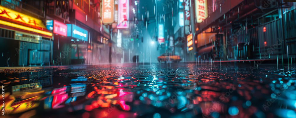 Cyberpunk street scene with neon signs, rain, and reflections on the ...