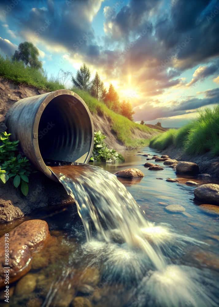 Sewer pipe causing a pollution in a stream, Sewerage in the environment ...
