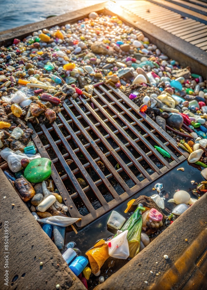 Drainage grate with garbage pollution Sewerage in the environment ...