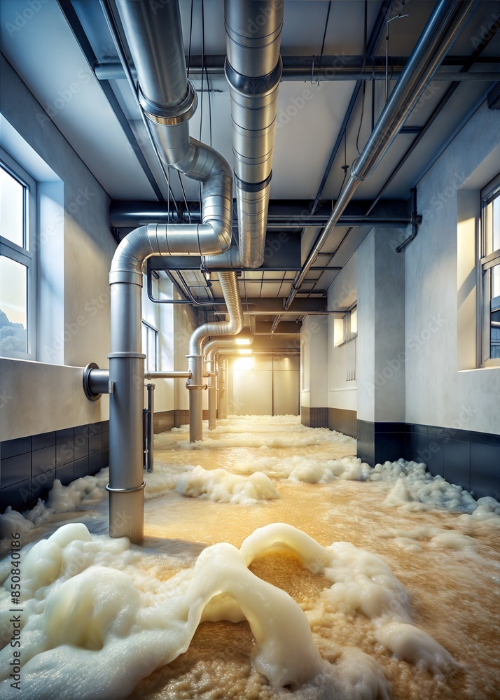 Office environment being overflowed with pollution foam, Sewerage in ...