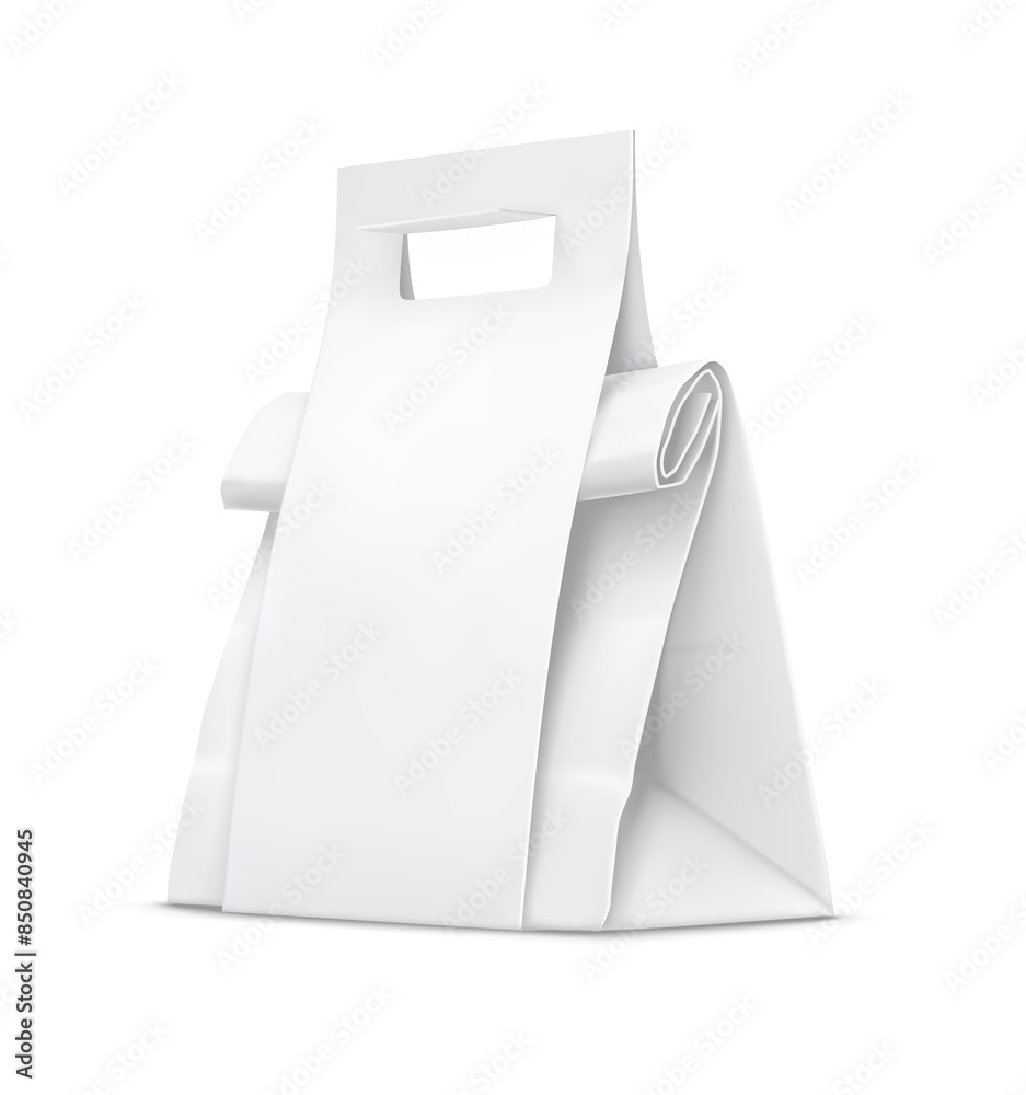 White paper bag with handle for fast food delivery. Takeaway packaging ...