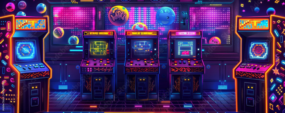 A 1980s arcade game theme with pixelated graphics and bright colors ...