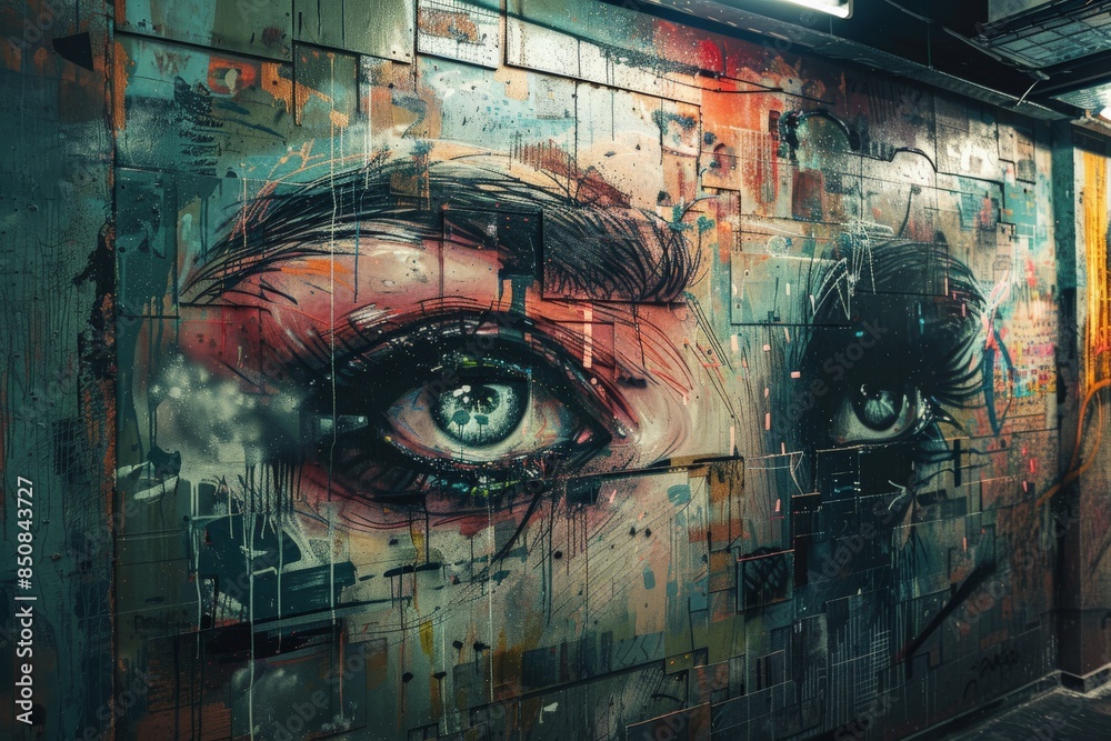 Striking graffiti art of two expressive eyes on an urban wall ...
