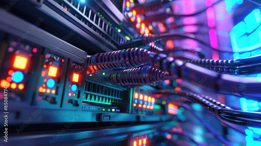 data center server room with network switches and connected cables ...