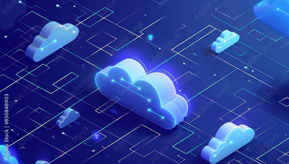 cloud and data technology, blue background with neon accents, white ...