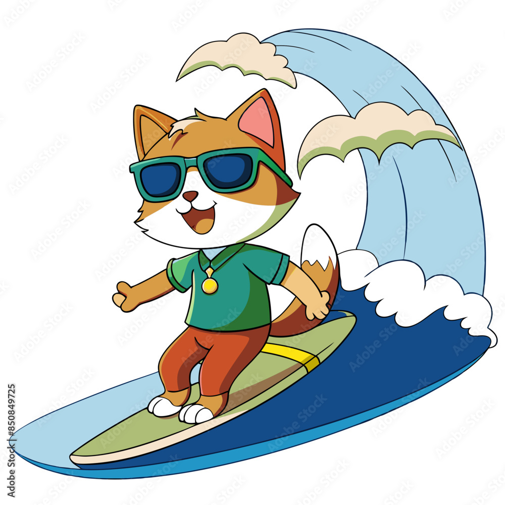 Vector image of an anime cat surfer riding a huge wave, with a relaxed ...