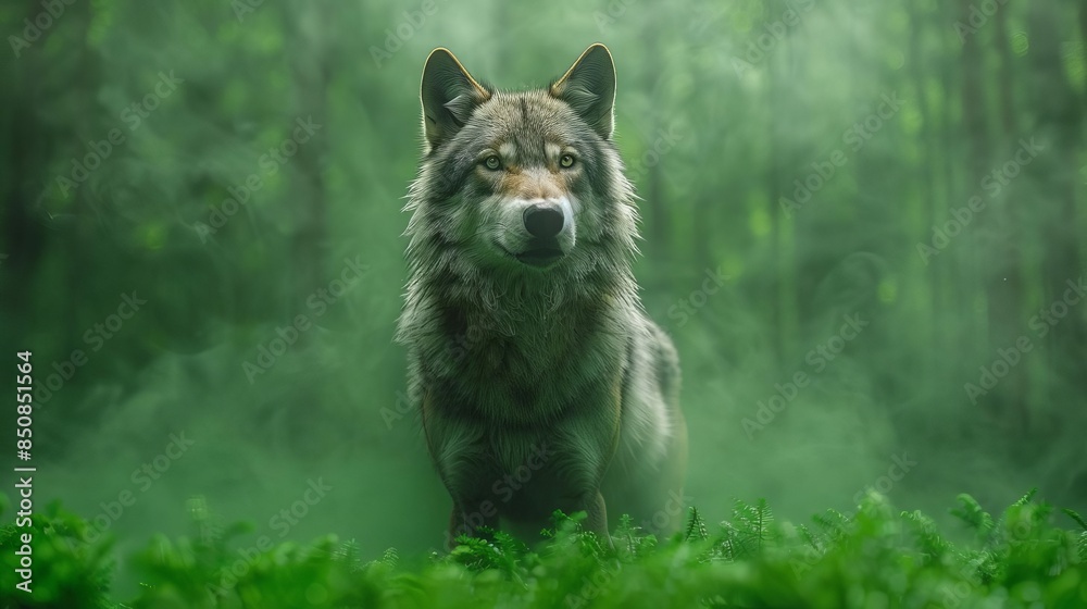 3D realistic wolf in front of a green screen copy space, predator ...