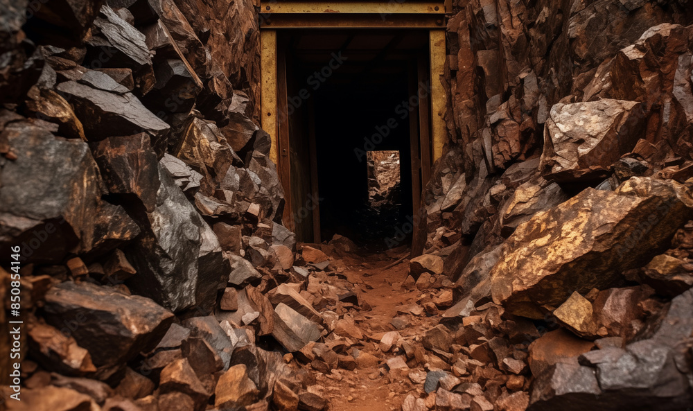 The entrance to a fictional rock quarry or mine, entryway to ...