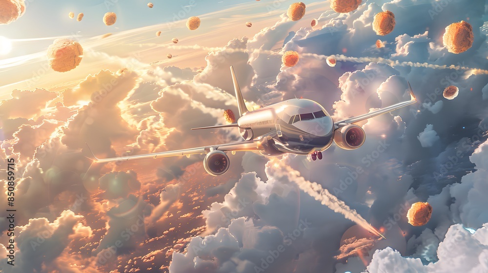 Surreal digital art of an airplane soaring through a dreamy sky with ...