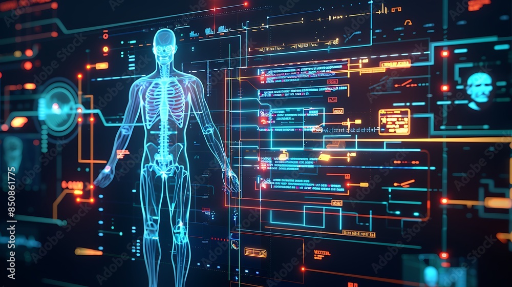 Digital illustration of an AI diagnostic screen displaying patient ...
