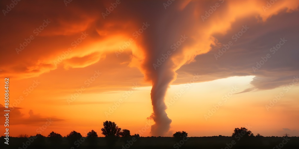 Tornado with dark funnel cloud under bright orange sky. Concept Weather ...