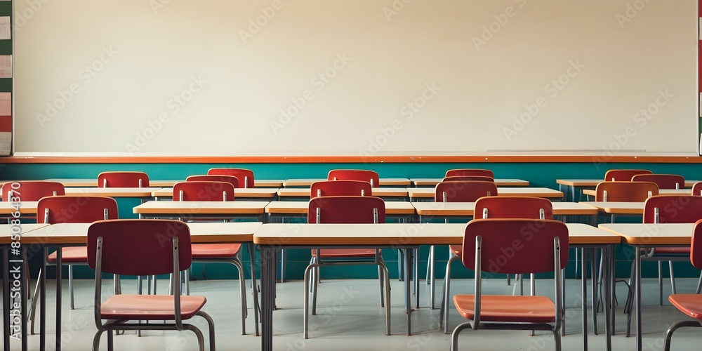 Empty classroom with desks chairs whiteboard and no students or teacher ...