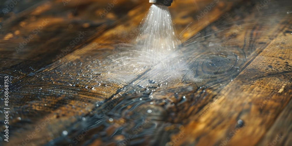 Water spray cleaning wooden surface to combat pest infestation in a ...