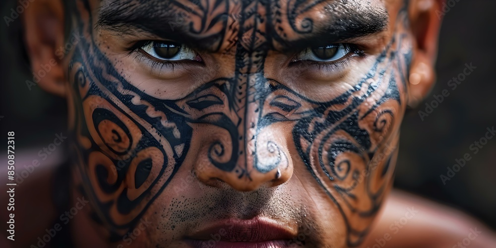 Maori warrior displays detailed moko tattoo representing heritage and ...