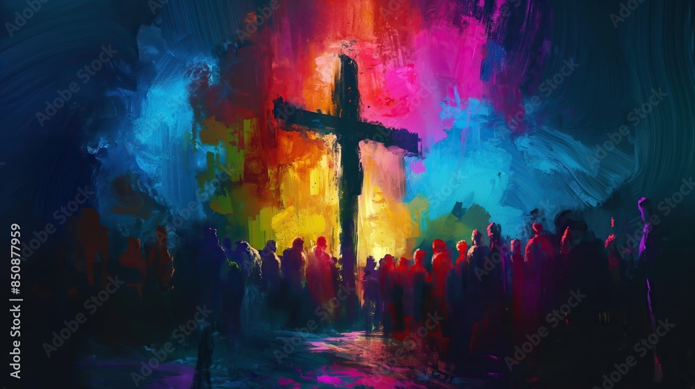 colorful abstract oil painting of cross and culturally diverse people ...