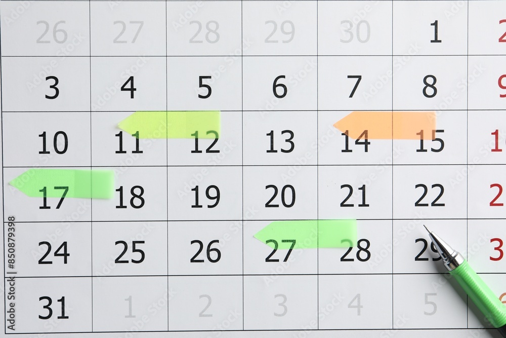 Timetable. Calendar page with marked dates and pen, top view Stock ...