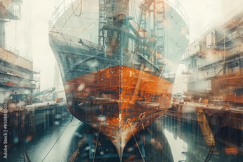 A large ship in a dry dock, with the water level lowered. The ship's ...