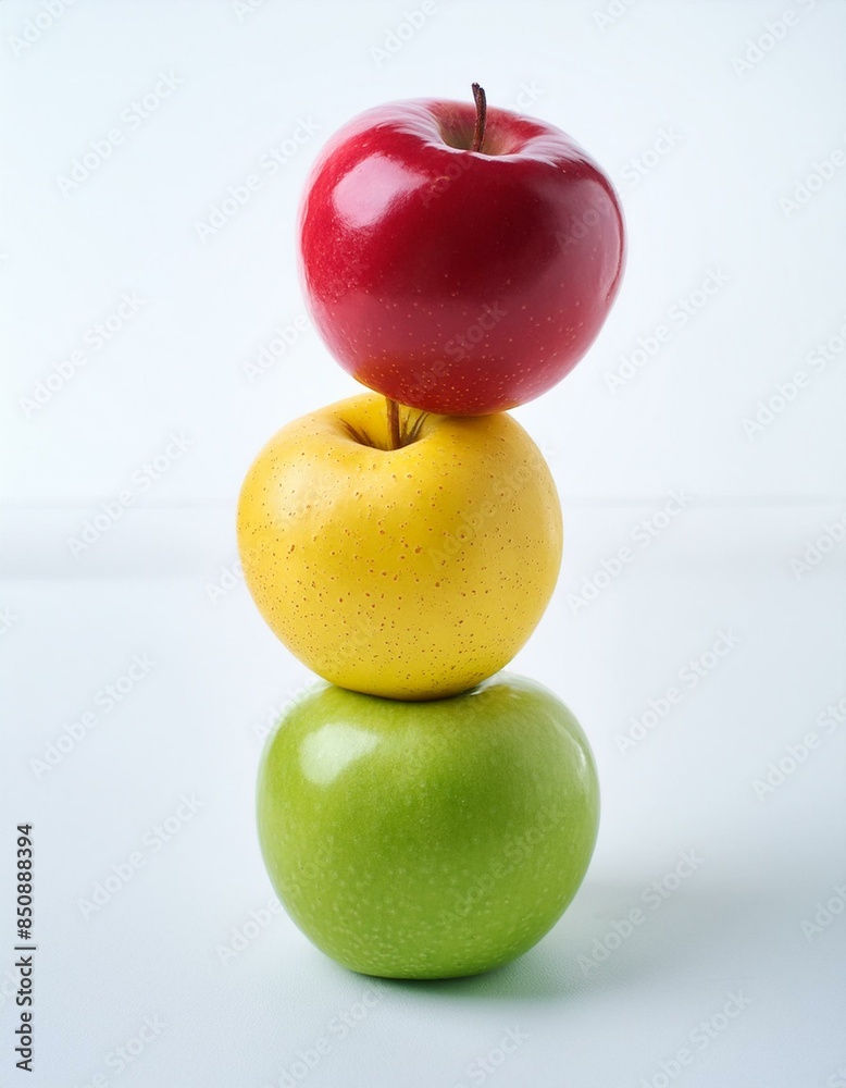 Three apples of different colors—red, yellow, and green—are stacked ...