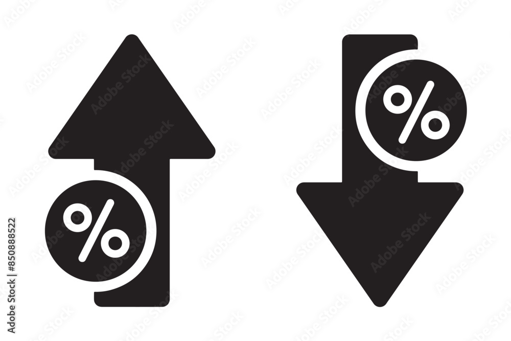 Percent up and down arrow icon set isolated on white background flat ...