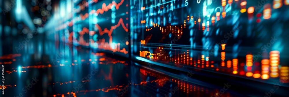 Stock market screens display dynamic financial data with glowing colors ...