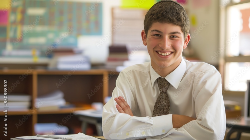 Jewish High School Boy in Classroom, Smiling at Desk, Education Concept ...