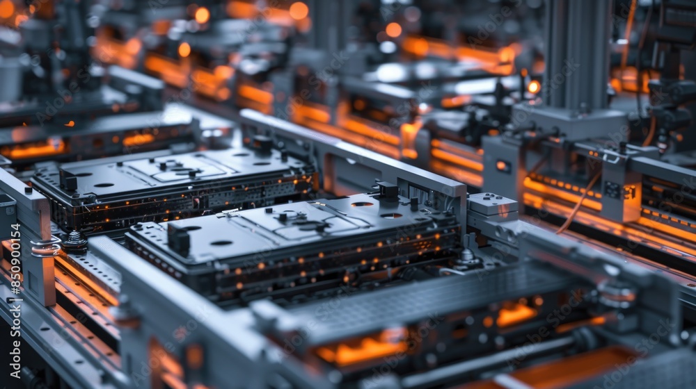 EV Battery Production Factory. Close-up of Lithium-ion High-voltage ...