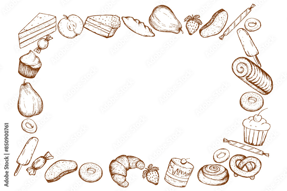 Fruits and sweets bakery Vector border. Hand drawn Yummy frame isolated ...