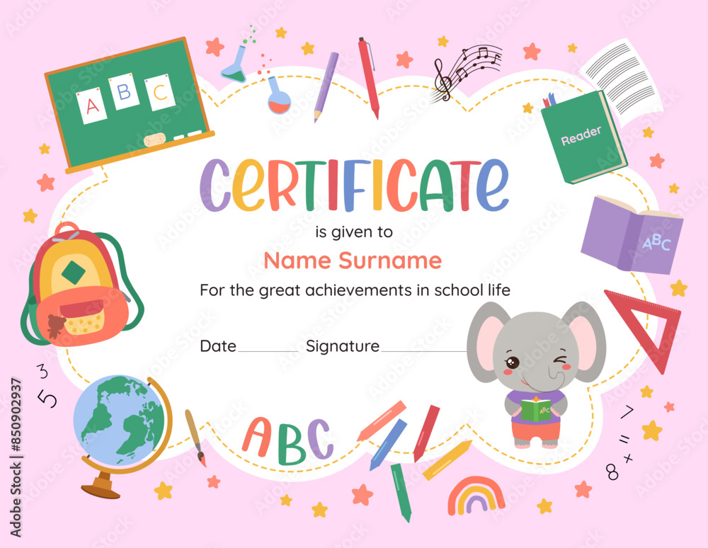 Cute certificate design template for elementary school. Back to school ...