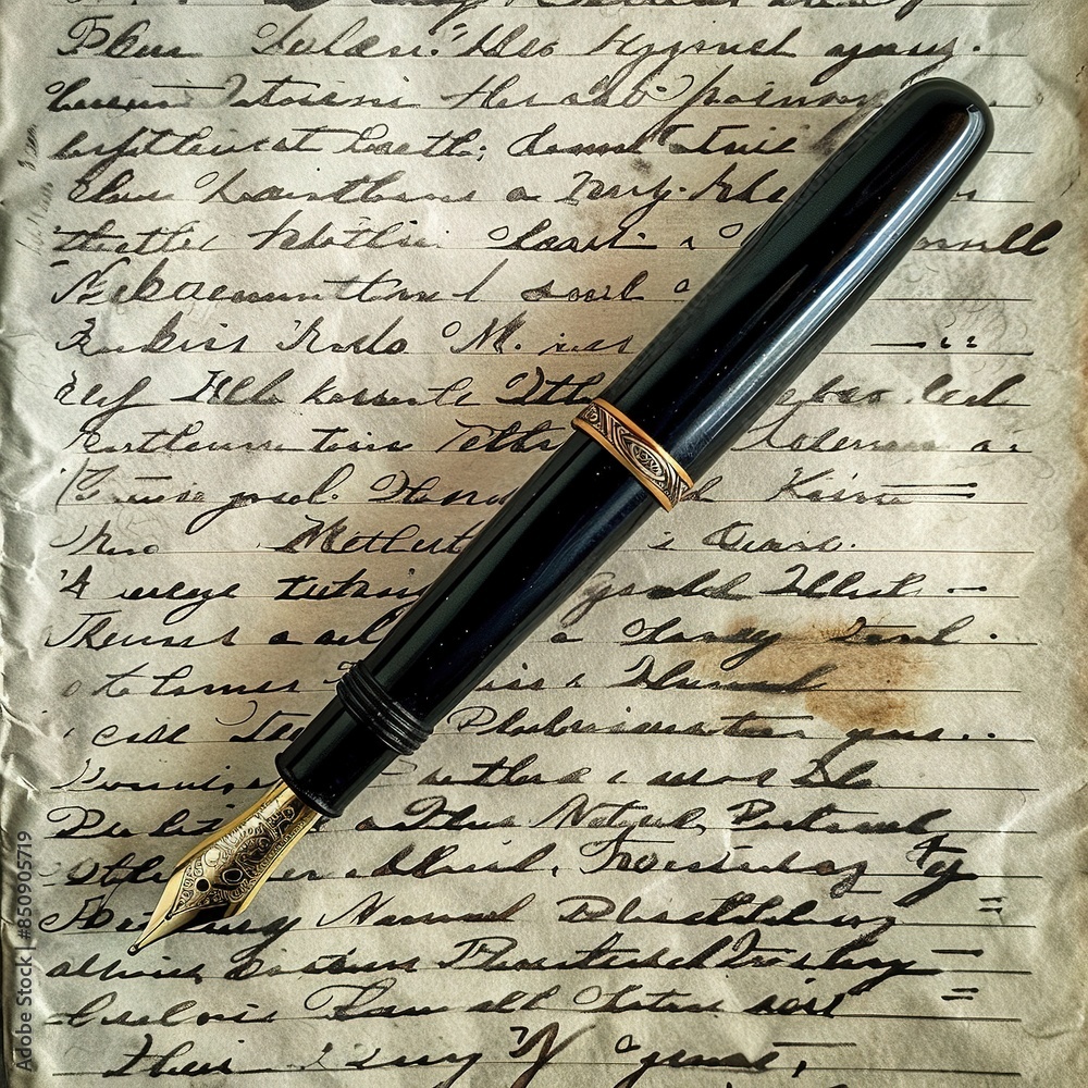 Fountain pen on an antique handwritten letter. Vintage nib pen and ...