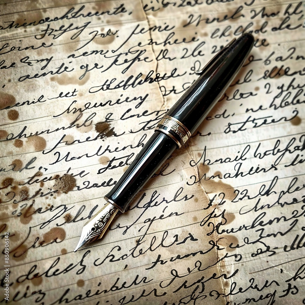 Fountain pen on an antique handwritten letter. Vintage nib pen and ...