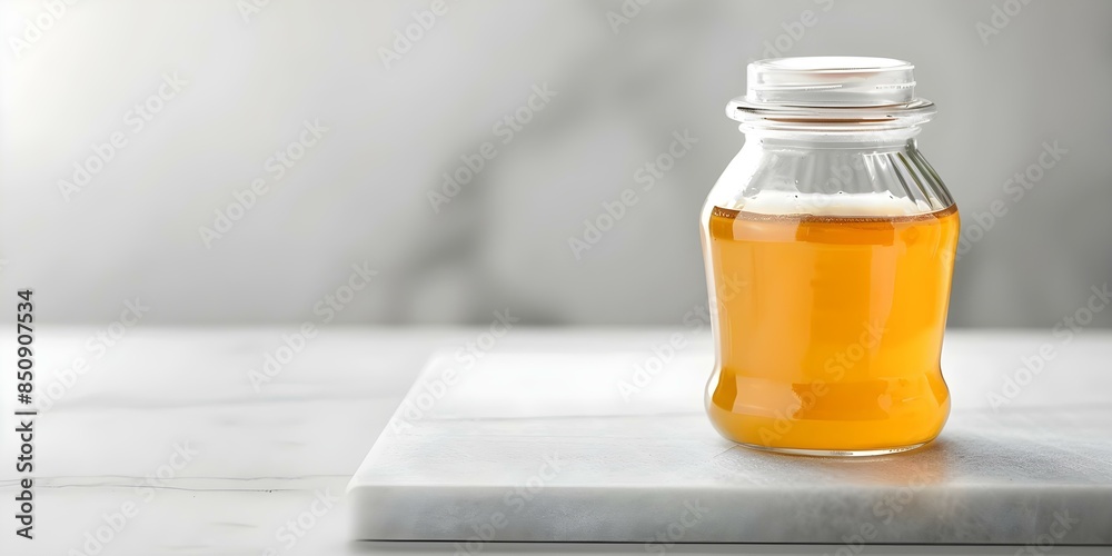Glass jar of beef bone broth with collagen for muscle growth. Concept ...