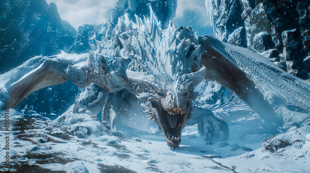 white ice dragon with blue eyes, looking with open mouth into the frame ...