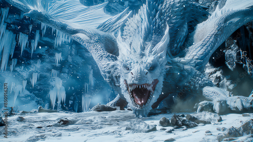 white ice dragon with blue eyes, looking with open mouth into the frame ...