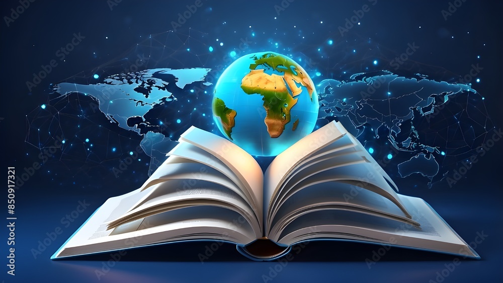 futuristic world education with a planet map and open book with a blue ...