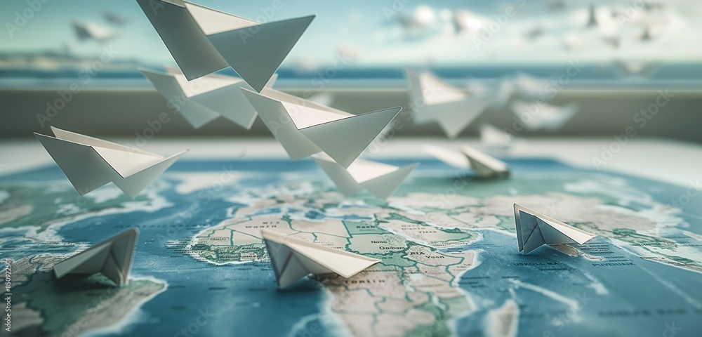 A series of paper airplanes in mid-flight above a map of the world ...
