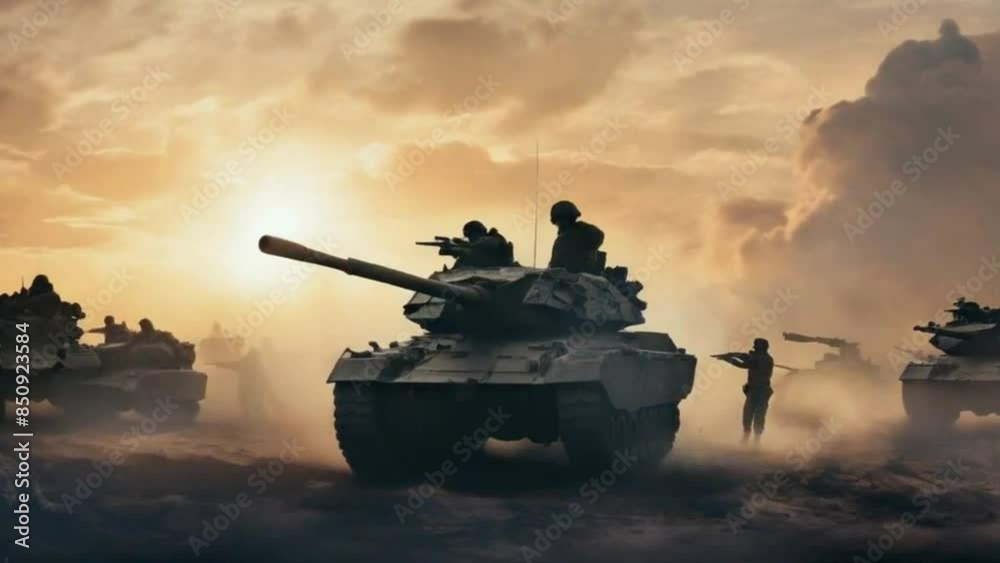 War Concept. Military silhouettes fighting scene on war fog sky ...