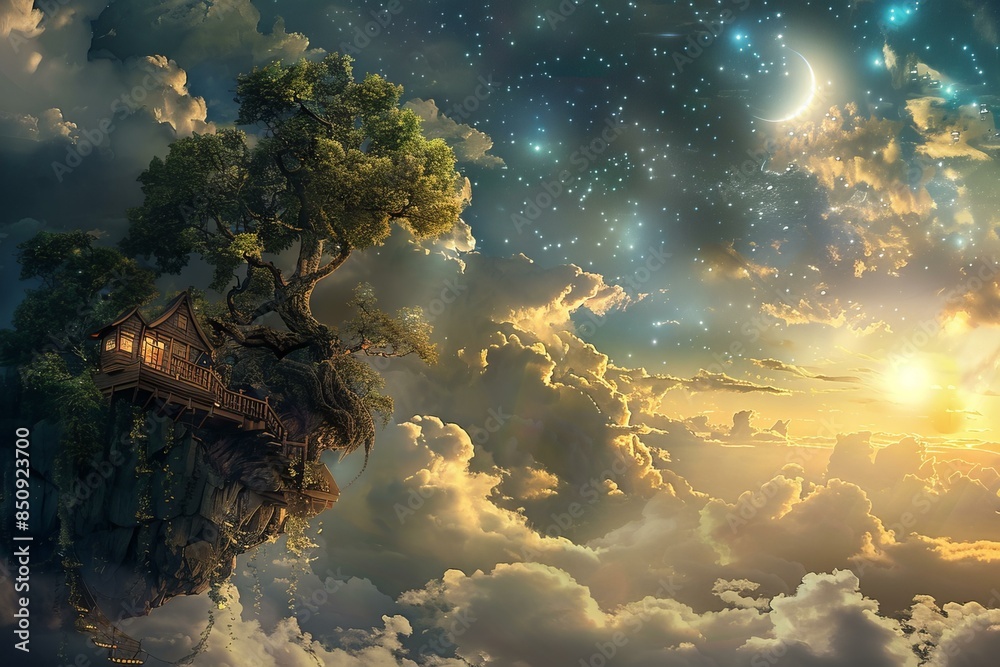 Magical floating island with a treehouse between day and night sky ...