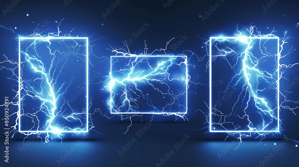 Lightning frames, blue electric borders of rectangular and square ...