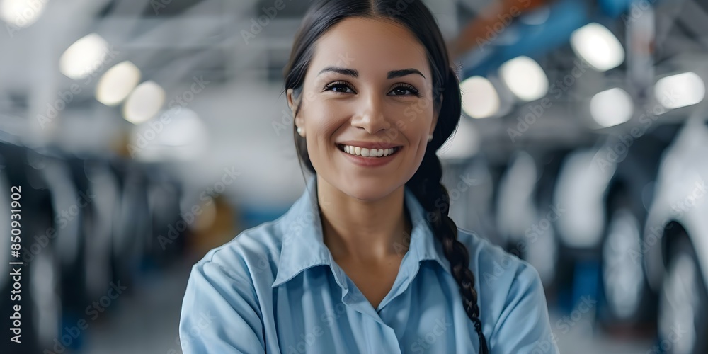 Latin woman happily working in auto parts factory promoting positive ...