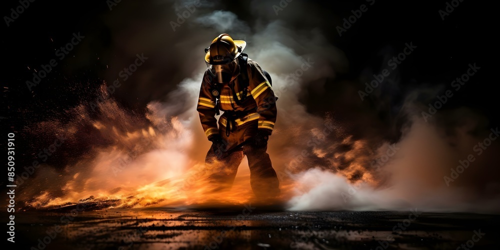 Firefighter using water extinguisher to put out fire. Concept ...
