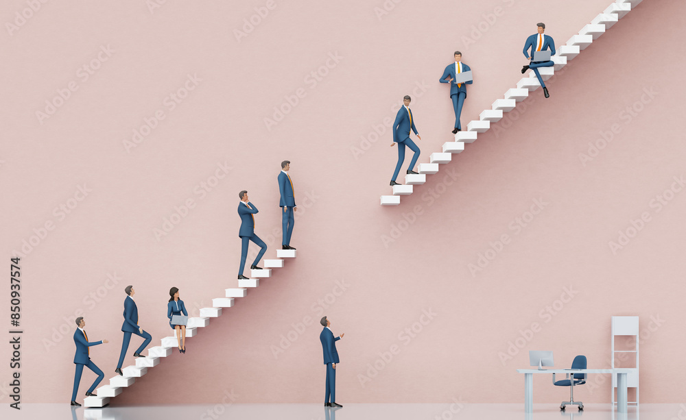Businessman gets ready to jump between platforms in order to achieve ...