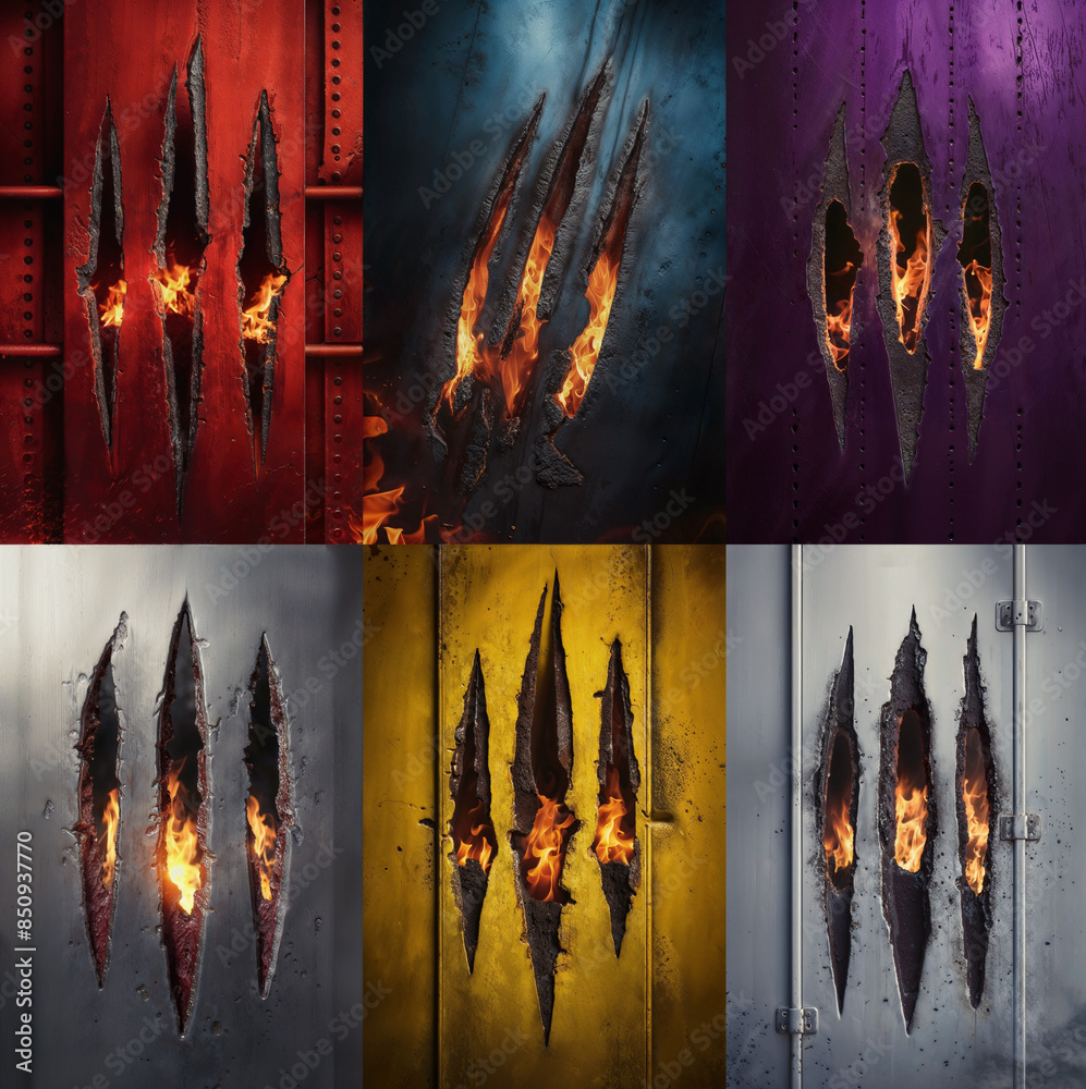 Set of claw marks on a steel background texture. Various surface colors ...