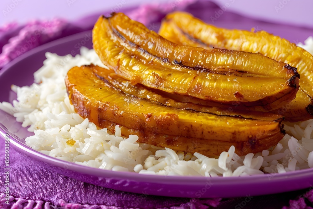 black plate with golden fried plantains, and white rice on the side ...
