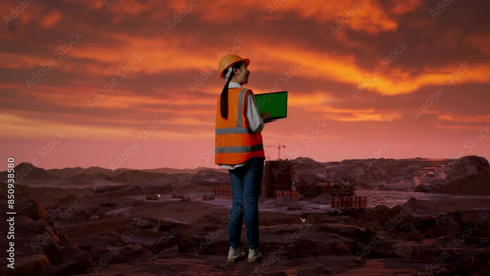 Full Body Back View Of Asian Female Engineer With Safety Helmet Working ...