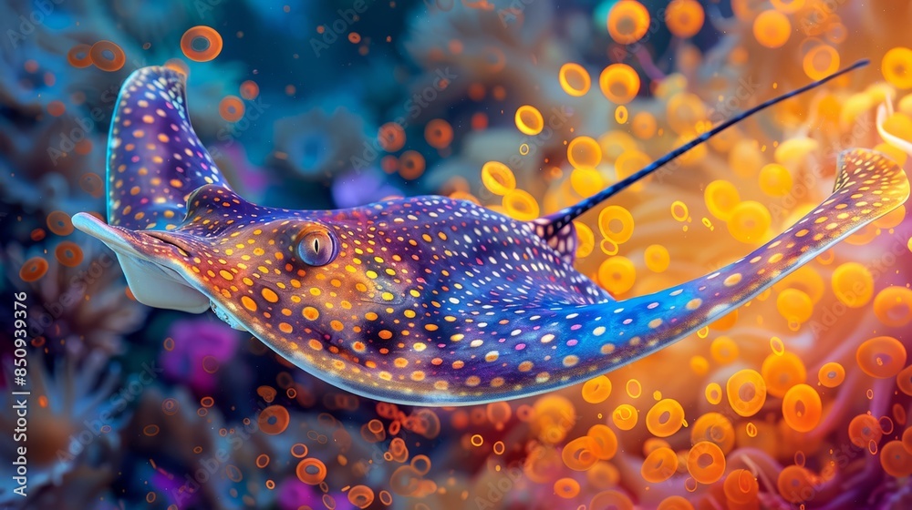 Vibrant Abstract Underwater Stingray in Bioluminescent Corals Stock ...