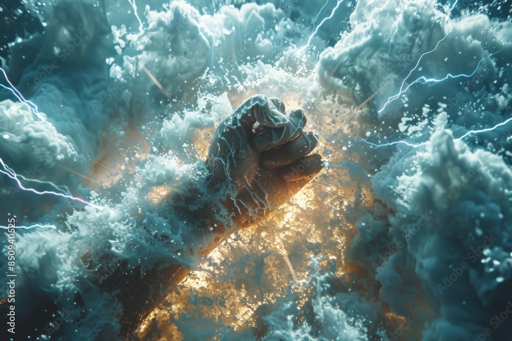 colossal creature rises from the depths of a vast body of cloud-filled ...