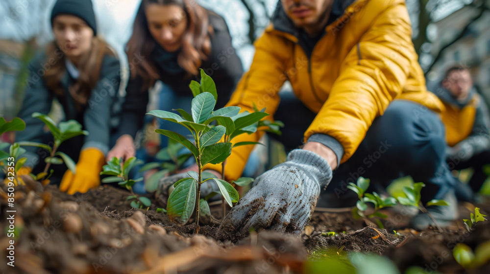 Volunteers Planting Trees in a Community Garden. A group of volunteers ...